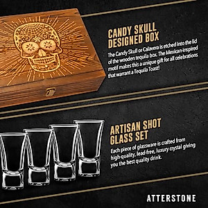 Atterstone Tequila Shot Glass Sugar Skull Wooden Box Set for Men and Women - 4 Premium Shot Glasses, Garnish Knife, Lime Cutting Stone, Salt Tin, Perfect for Themed Parties