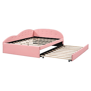 Acosure Full Size PU Upholstered Tufted Daybed with Twin Size Trundle and Cloud Shaped Guardrail,No Box Spring Required,Sofa Bed Frame for Kids Boys Girls Bedroom,Living Room,Pink