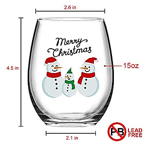 Futtumy Christmas Gift, Merry Christmas Snowmen Stemless Wine Glass for Men Women Dad Mom Friend Family, Funny 15oz Wine Glass for Christmas, Set of 2