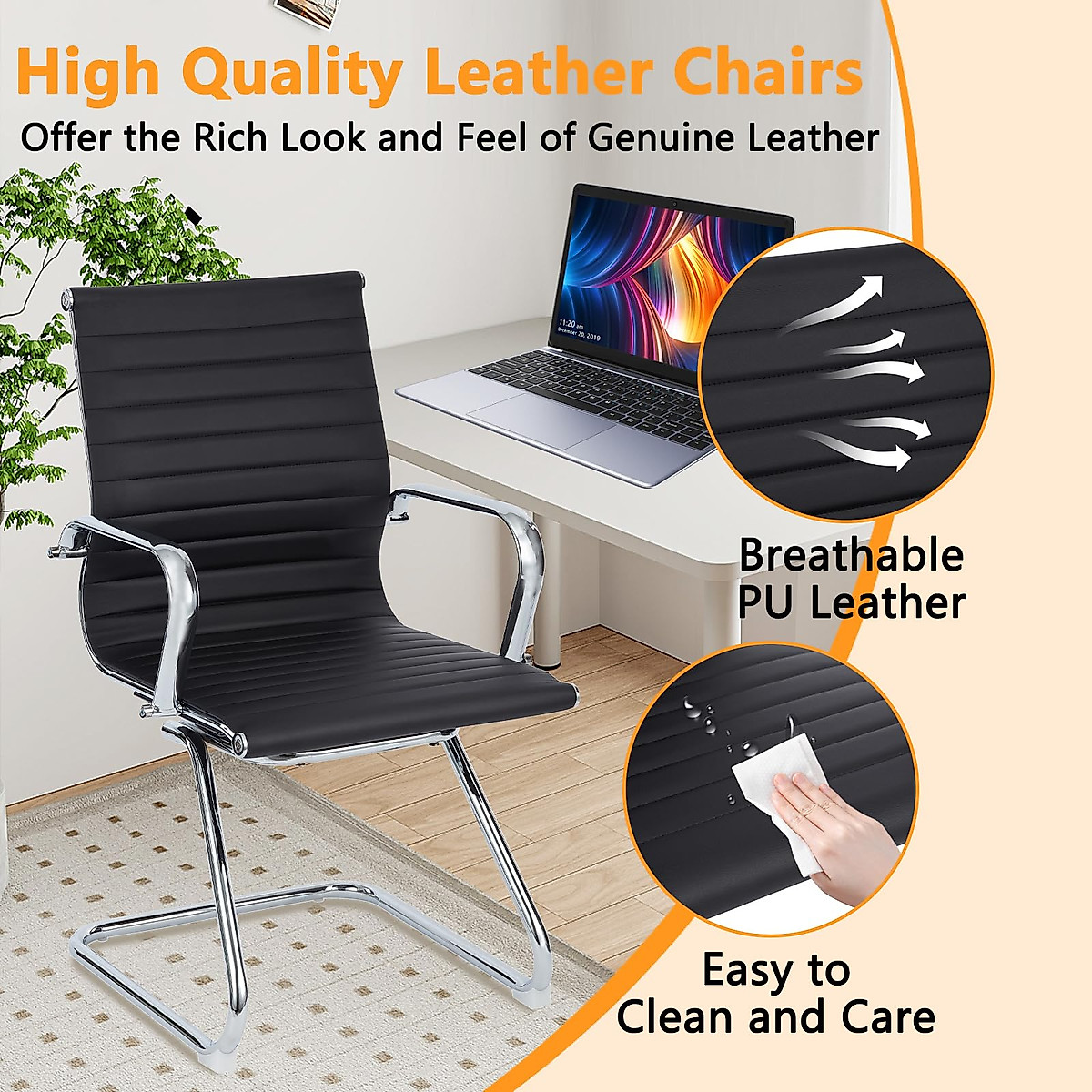 KLASIKA Office Guest Chair Leather Reception Without Wheels with Sled Base for Desk Conference Area Waiting Room Set of 8