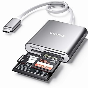 Unitek USB C SD Card Reader, Aluminum 3-Slot USB 3.0 Type-C Flash Memory Card Reader for USB C Device, Supports SanDisk Compact Flash Memory Card and Lexar Professional CompactFlash Card - Grey