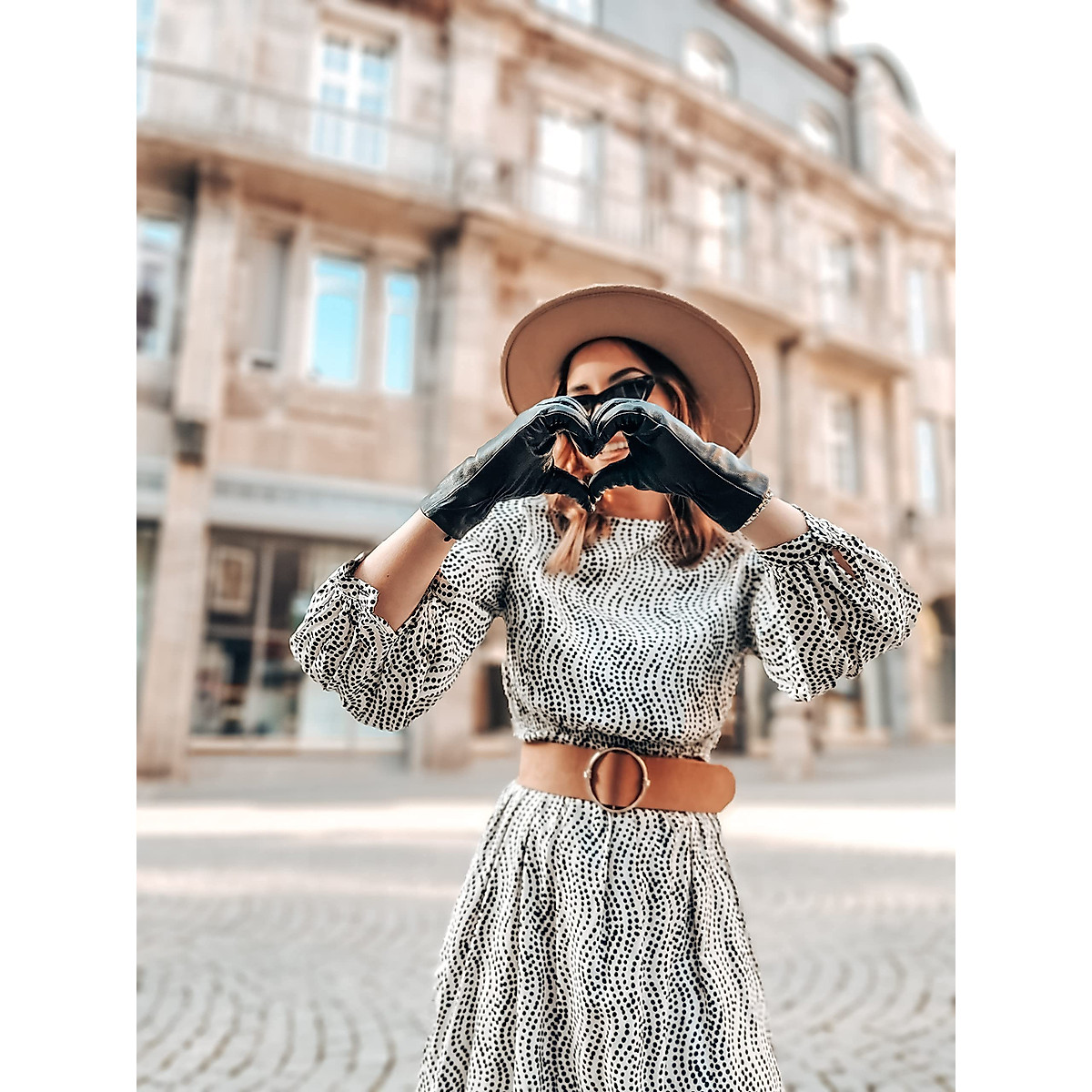 Harssidanzar Genuine Lambskin Leather Gloves For Women, Ladies Winter Warm Driving Leather Cashmere Lined gloves GL006,Black, M