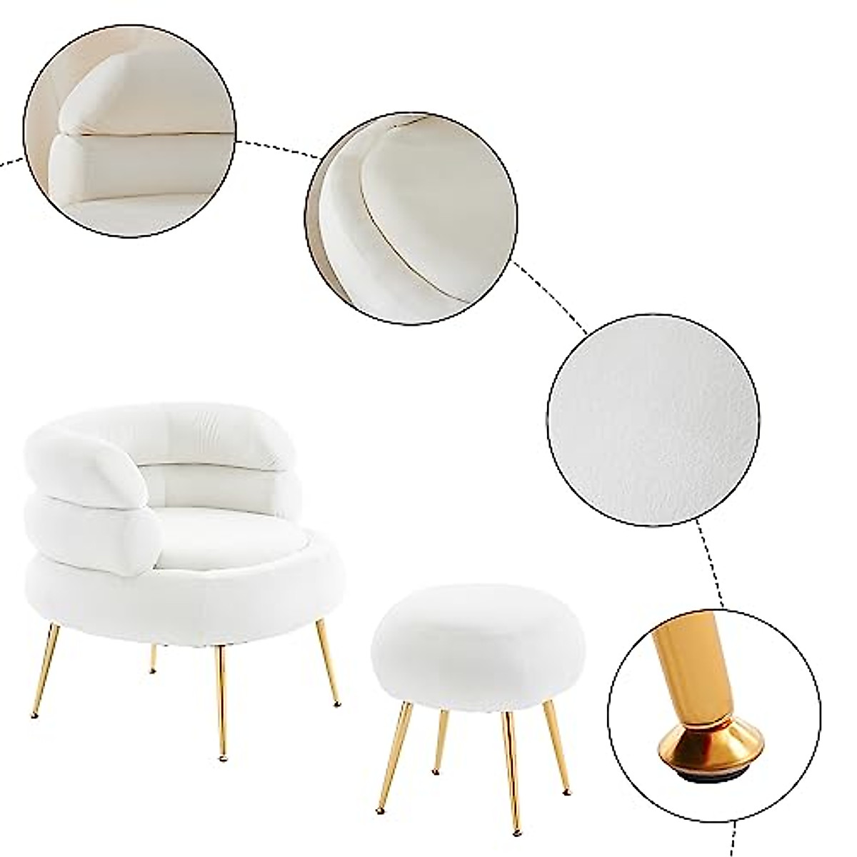 Modern Accent Chair with Ottoman - Barrel Chair with Golden Metal Legs - Velvet Single Sofa Reading Chair - Upholstered Tufted Lounge Chair - Armchair with Footrest for Bedroom Living Room - Beige