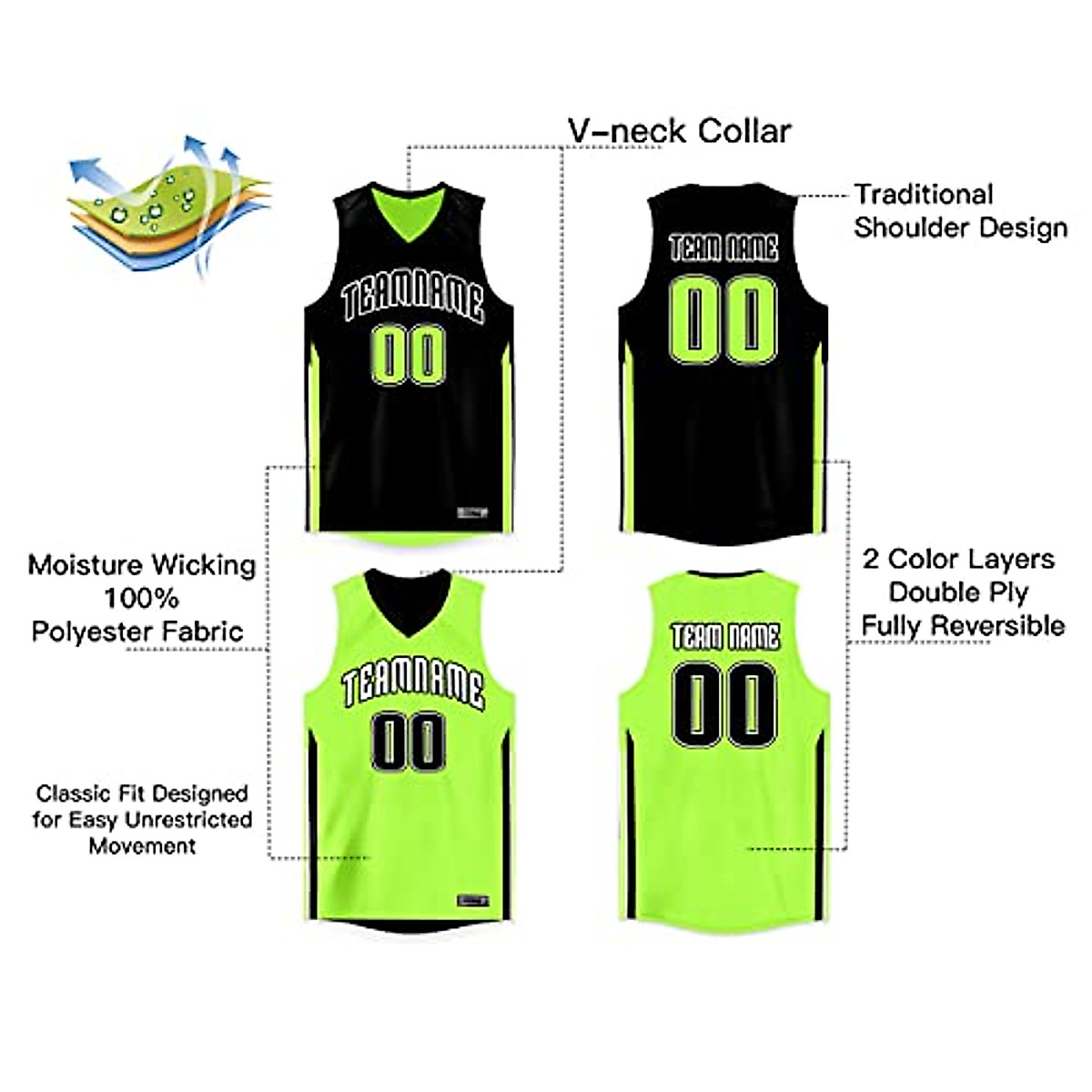 BaiLiLai Custom Basketball Jersey Reversible Printed Name Number Athletic Blank Team Uniform for Men/Youth, Black/Neon Green27, One Size