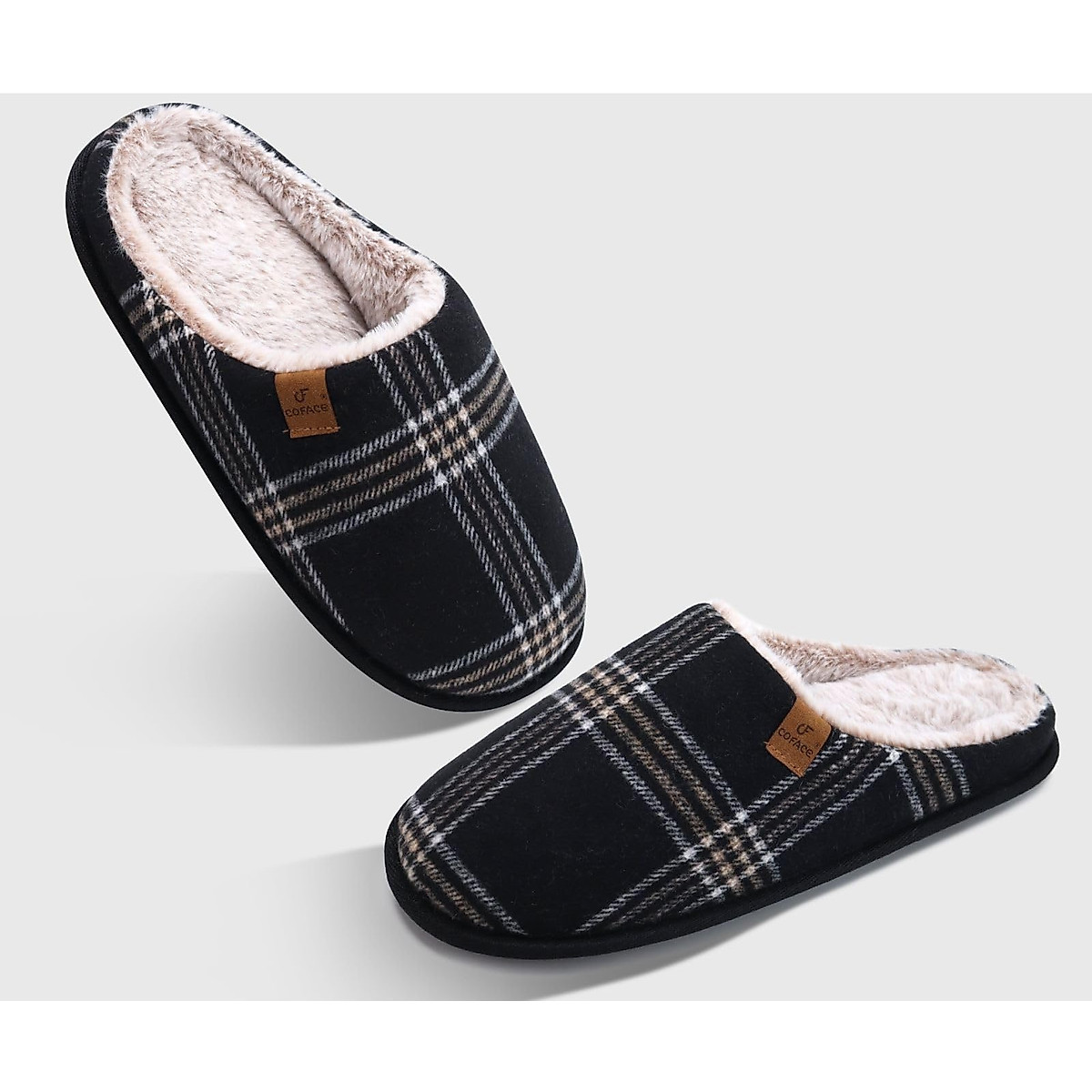 COFACE Mens Black Flano Plaid Cozy Memory Foam scuff Slippers Slip On Warm House Shoes Indoor/Outdoor With Best Arch Support Size 8.5
