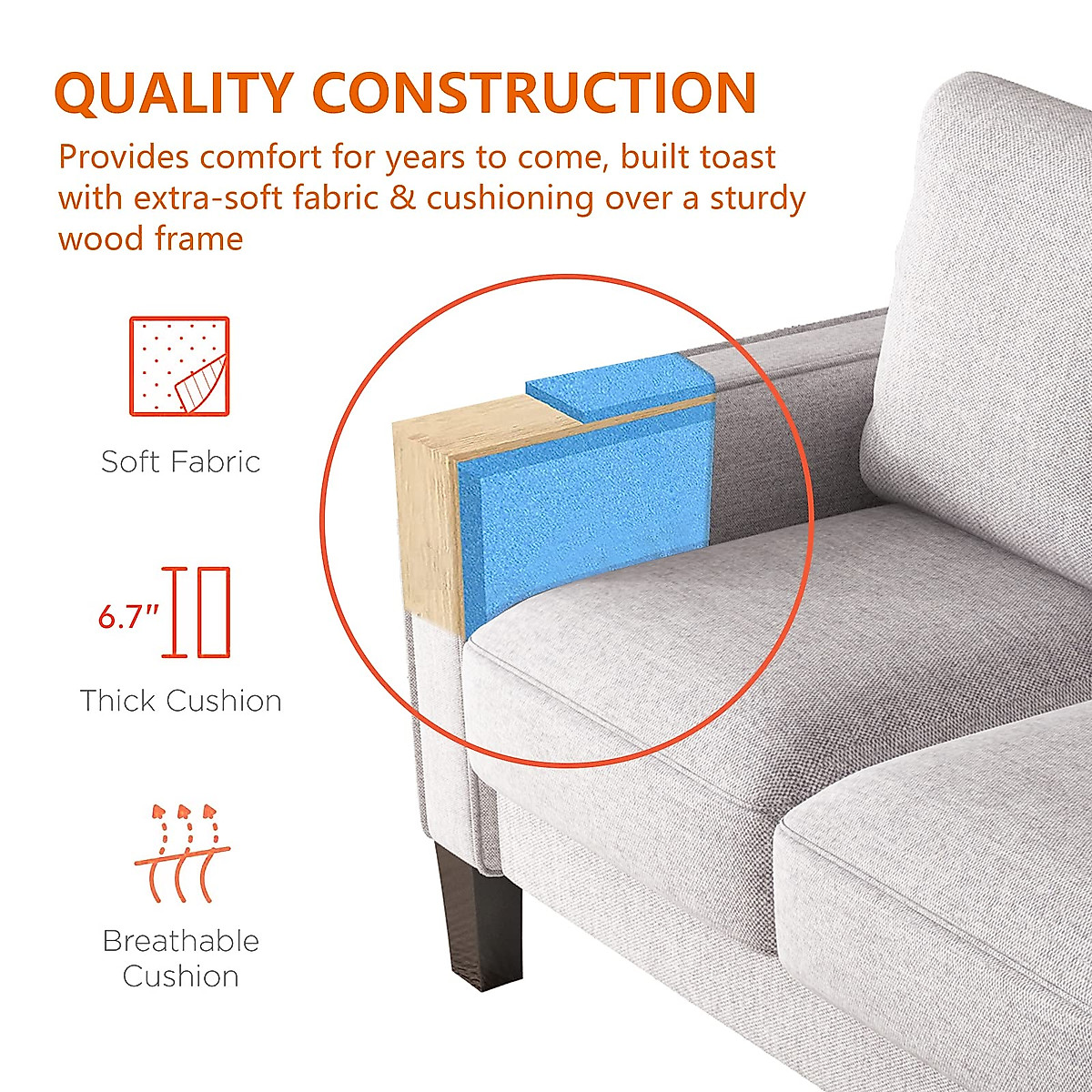 Myshle 3-Seater 2+3 Seat Sectional Storage Box, Sleeper Loveseat Couch Sets with Square Arms, Chesterfield Chaise, Wood Legs, Polyester, Modern Living Room Furniture Sofa in Light Grey