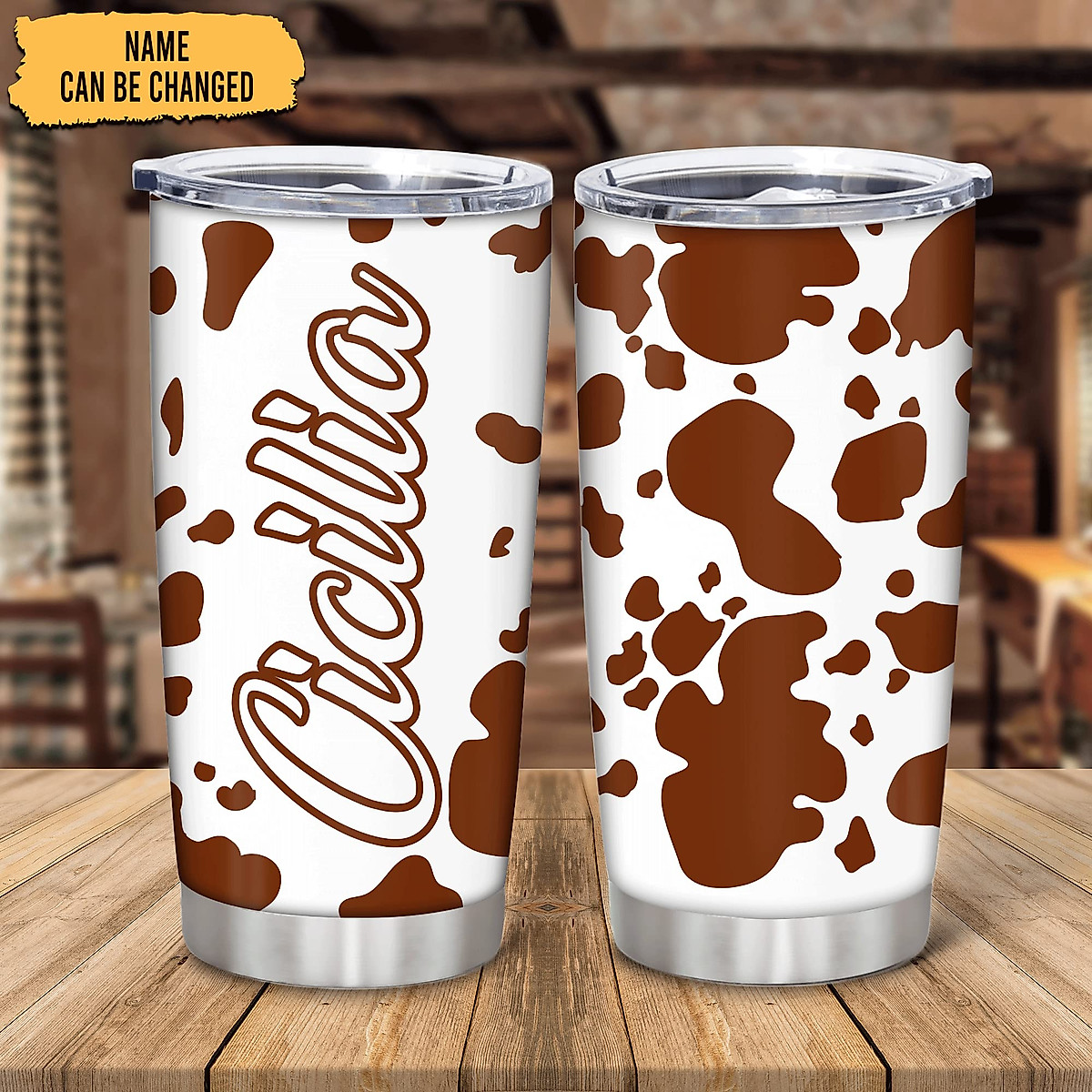 Hyturtle Personalized Gifts For Cow Lover - Birthday Christmas - Brown Dairy Cow Print Custom Name Stainless Steel Tumbler 20oz With Straw Lid - Farm Lover Gifts For Her Women Girl Daughter Friend