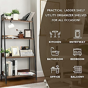 Bookshelf 4-Tier, 23.5inch Ladder Shelf, Industrial Bookcases, Etagere Utility Organizer Shelves, Small Freestanding Display Shelves with Metal Frame for Bedroom, Living Room, Plant, Brown