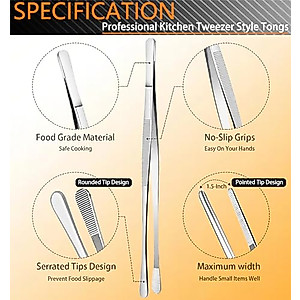 JETKONG 6 Pcs Cooking Tweezer Tongs, 12'' and 6.3" Stainless Steel Kitchen Tweezer Set, Professional Chef Tweezers for Cooking, Repairing, Sea Food, BBQ, Multi-use