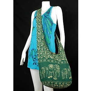 BTP! Elephant Floral Print Sling Crossbody Shoulder Bag Purse Hippie Hobo Thai Cotton Gypsy Bohemian Large (Forest Green EEL6)