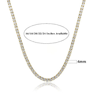 4mm Yellow Gold Tennis Neklace, GMESME 18K Gold Plated 4.0mm Cubic Zirconia Classic Tennis Necklace 16 Inch