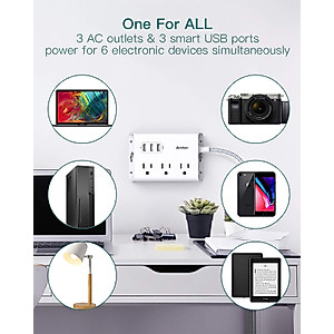 Power Strip with USB, Addtam ETL Certificate Flat Plug Extension Cord with 3 USB Ports, 3 Widely Spaced Outlets, 5 Feet Braided Cord, Desktop Small Travel Power Strip, White+ Black