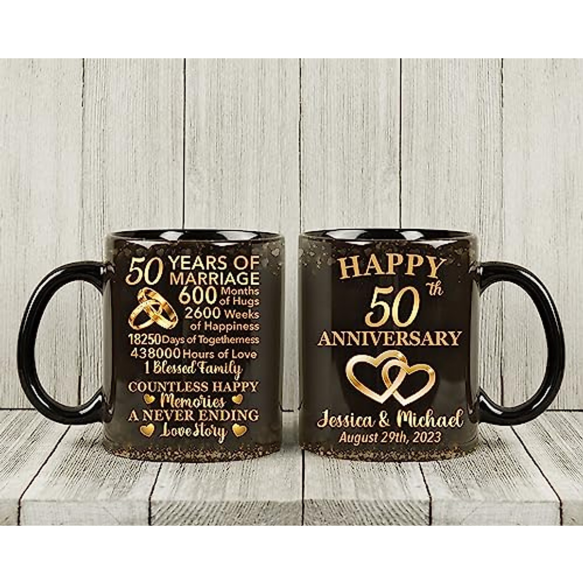 50 Years of Marriage Gift Personalized Coffee Mug Happy 50th Anniversary Travel Cups Wedding Celebration for Couple Husband Wife Mom Dad Birthday Valentines Floral Ceramic Drinking Tea Cup 15oz 11oz