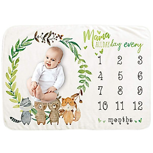 Woodland Baby Monthly Milestone Blanket, Woodland Animals Baby Growth Chart Monthly Blanket, Woodland Forest Nursery Decor, Includes Marker (50@)
