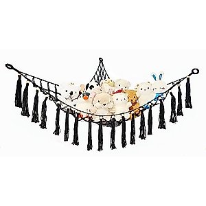 EOESFCB Stuffed Animals Net or Hammock Toy Hammock Boho Stuff Animal Storage Corner Hanging Net Holder Macrame Mesh Hammock Plush Toy Organizer with Tassel for Bedroom Nursery Decor - Black