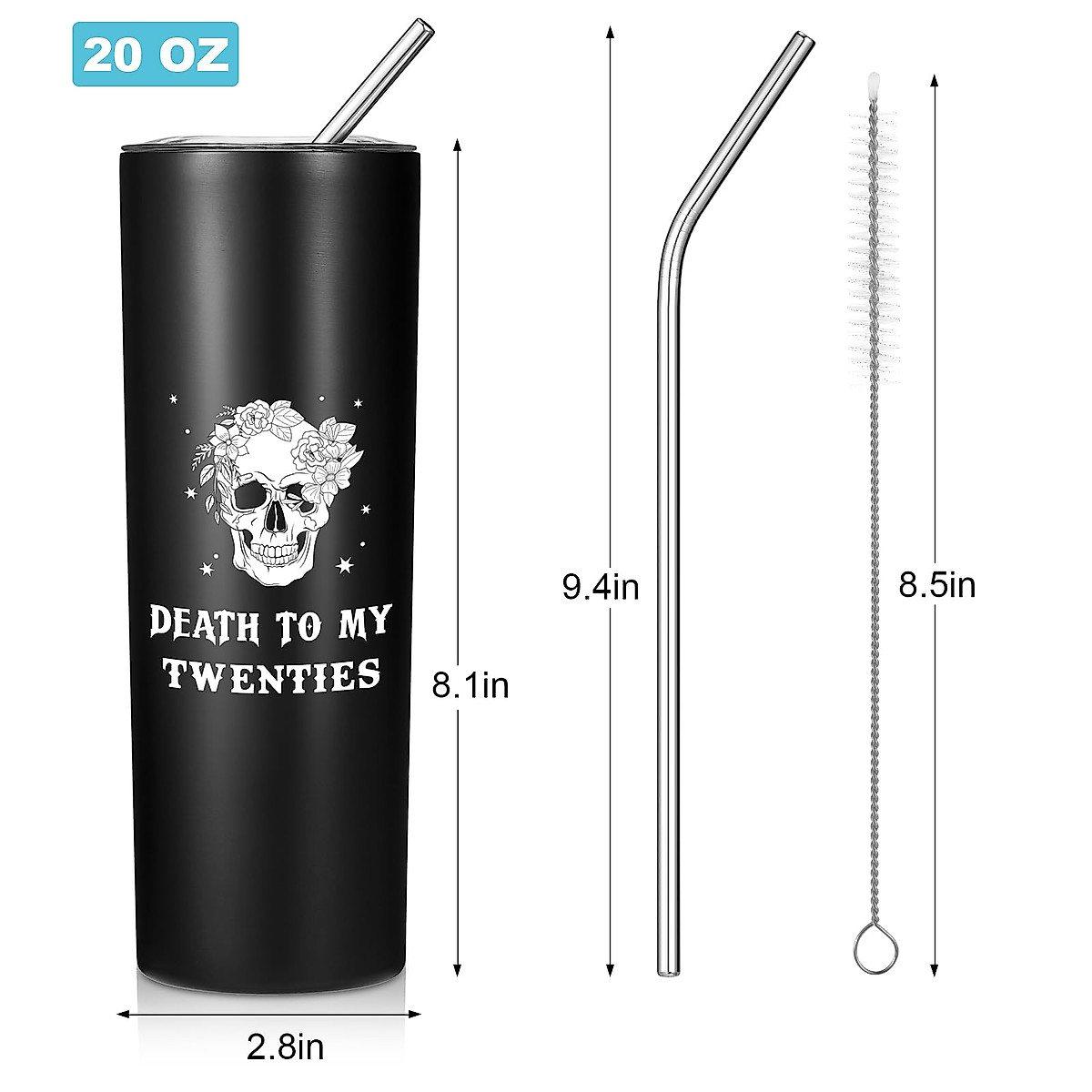 Maxcheck 2 Pcs 30th Birthday Gift for Women Mens Rip to My 20s, Death to My 20s Birthday Party, White and Black Skinny Tumblers with Lids and Straws, Funny Christmas Gift for Couple