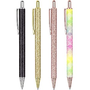 4pcs Glitter Metal Retractable Ballpoint Pen Bling Rose Gold Click Ballpoint Pens Black Ink Medium Point 1mm for School Writing,Wedding Birthday Gift Pen