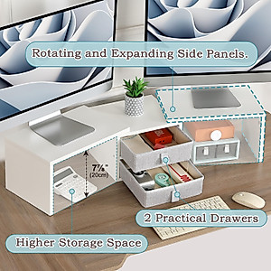 TEAMIX Dual Monitor Stand Riser with 2 Drawers - Length and Angle Adjustable White Monitor Stand with Storage Large Computer Riser for 2 Monitors/Laptop/PC, Wood Screen/TV Stand Desk Organizer