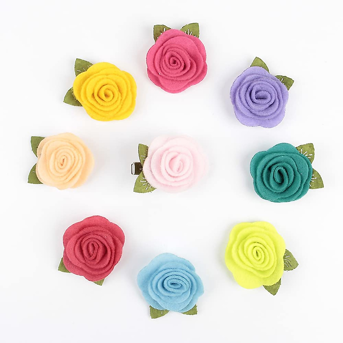 JKJF 20 Pcs Felt Rosette with Leaf Felt Rose Flowers Fabric Flowers for DIY Crafts Hair Accessories Wedding Decor - 20 Colors