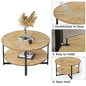 3imothrix Round Wood Coffee Table, Coffee Table with Storage Open Shelf, 31.49 inch 2 Tier Solid Wood Veneer Circle Coffee Table for Living Room (Coffee Table)