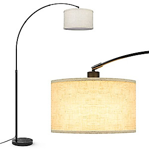 Arc Floor Lamp with Unique Hanging Drum Shade for Living Room - Marble Modern Standing Lamps Adjustable Height, Contemporary Over the Couch Hanging Arching Tall Stand Up Light for Bedroom Office Black