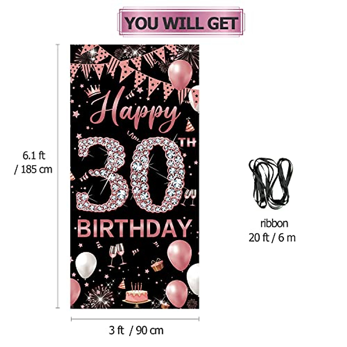 30th Birthday Decoration Door Banner, Rose Gold Happy 30th Birthday Decorations for Women, Door Cover Sign Poster Decoration, Dirty 30 Birthday Party Decoration Backdrop for Her 6.1ft x 3ft Fabric PHXEY