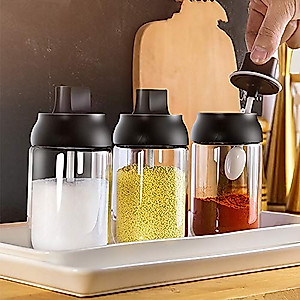 Kepfire Kitchen Seasoning Containers 3 Pack Glass Spice Jars Container Transparent Sealed Storage Seasoning Box Lid with Spoon Kitchen Bottles - Black