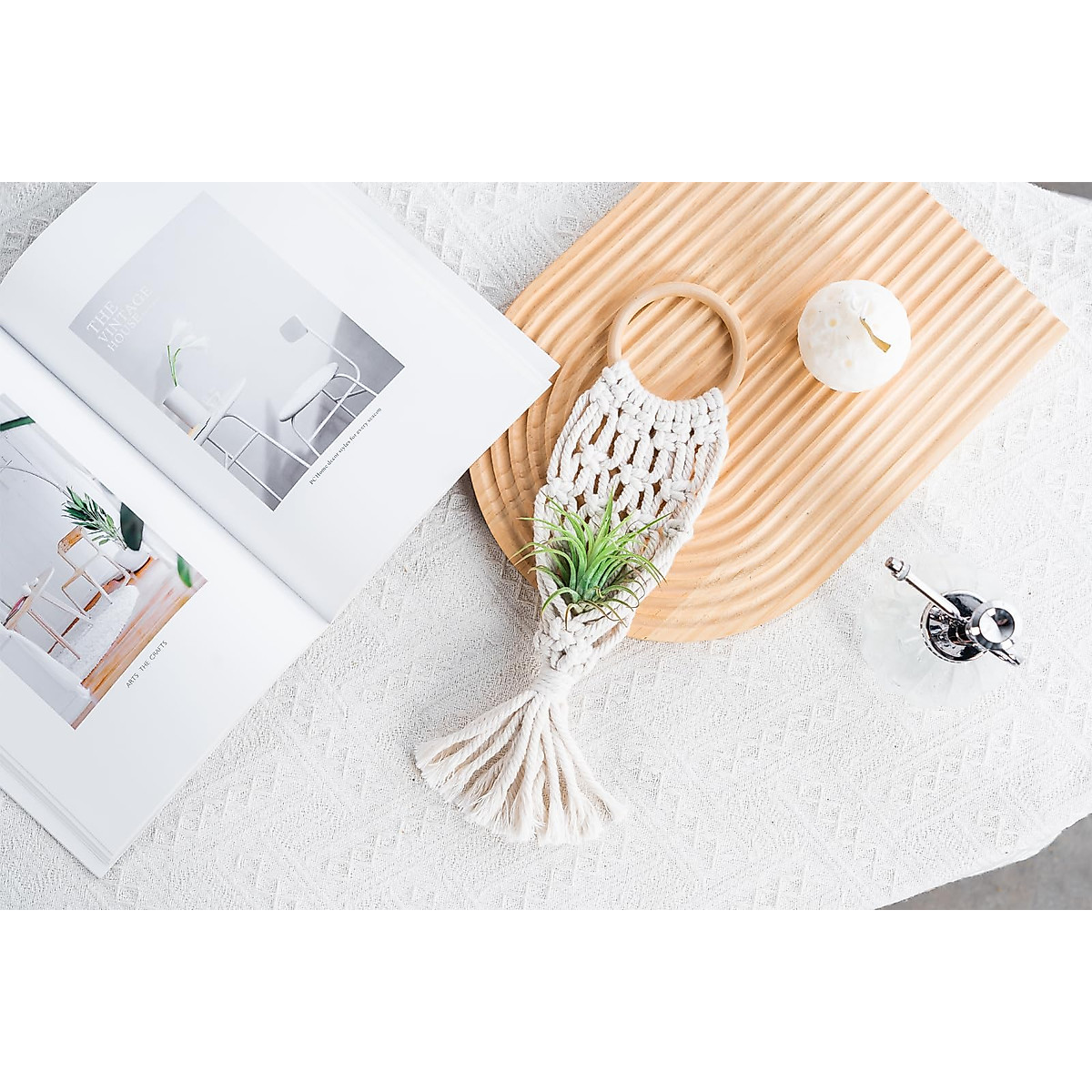 Melphoe 4 Pack Air Plants Holders Air Fern Macrame Plant Hanger Indoor Hanging Planter Basket for Tillandsias Display Air Plant Stand, Boho Home Decoration Gift Idea