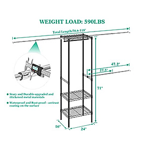 Raybee Closet Organizers and Storage System, 590Lbs Capacity Closet Systems for Walk in Closets with 3 Expandable Hanger Rods, Wall Mounted, 24"-118"L x 16"W x 71"H, Black