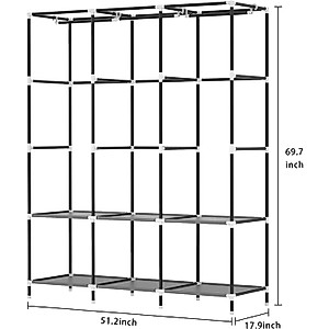 LOKEME Portable Closet, Wardrobe Closet with 3 Hanging Rods and 6 Storage Shelves, Gray Closet, Easy to Assemble Portable Closets for Hanging Clothes with 4 Side Pockets, PWC0006-GRAY