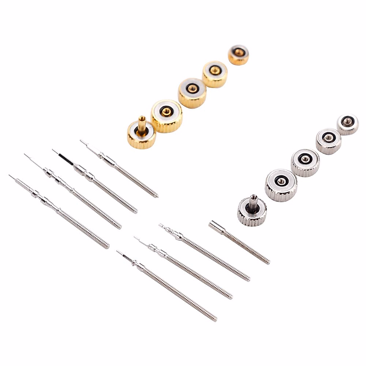 Watch Crown and Stem Set, Stainless Steel Watch Crown Spring Spare Parts Assorted Kit Watch Repair Tool Replacement Accessories with Storage Box, for Watchmaker Watch Repairing