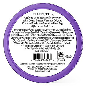 Badger - Belly Butter, Cocoa Butter & Calendula, Certified Organic Belly Butter, Vitamin E Belly Butter, Coconut Oil Belly Butter, Pregnant Belly Butter for Stretched Skin, 2 oz