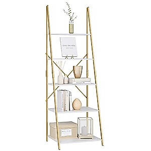 finetones 5-Tier Ladder Shelf, Free Standing A-Shape Display Bookcase, Storage Organizer Unit with Metal Frame, Flower Stand Plant Rack for Living Room, Kitchen, Bathroom, Home Office, White/Gold