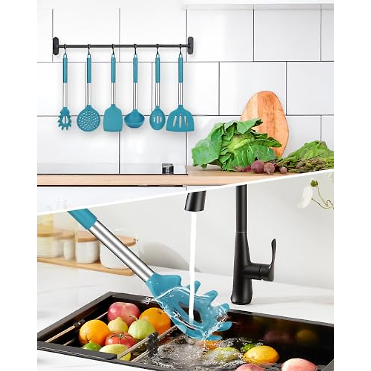 Silicone Cooking Utensil Set, 8Pcs Non-stick Cookware with Stainless Steel Handle, BPA Free Heat Resistant Kitchen Tools with Spatulas, Turners, Spoons, Skimmer and Pasta Fork