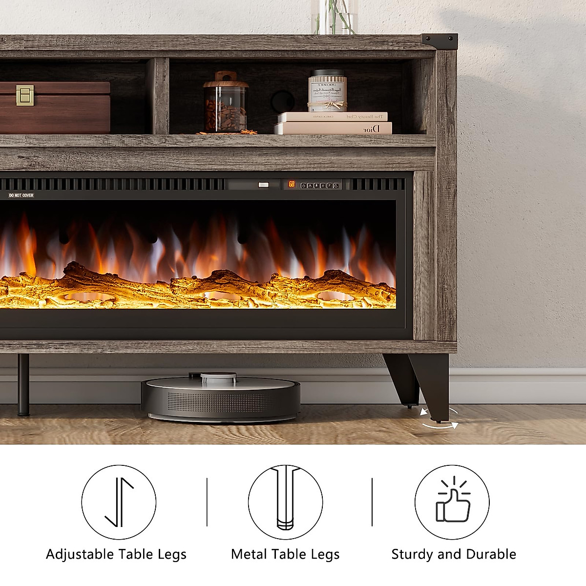 LUXOAK 65“ Fireplace TV Stand, Farmhouse Entertainment Center with 60" Tempered Glass Electric Fireplace, Industrial Media Console with Open Storage Space for TVs up to 75", Light Gray