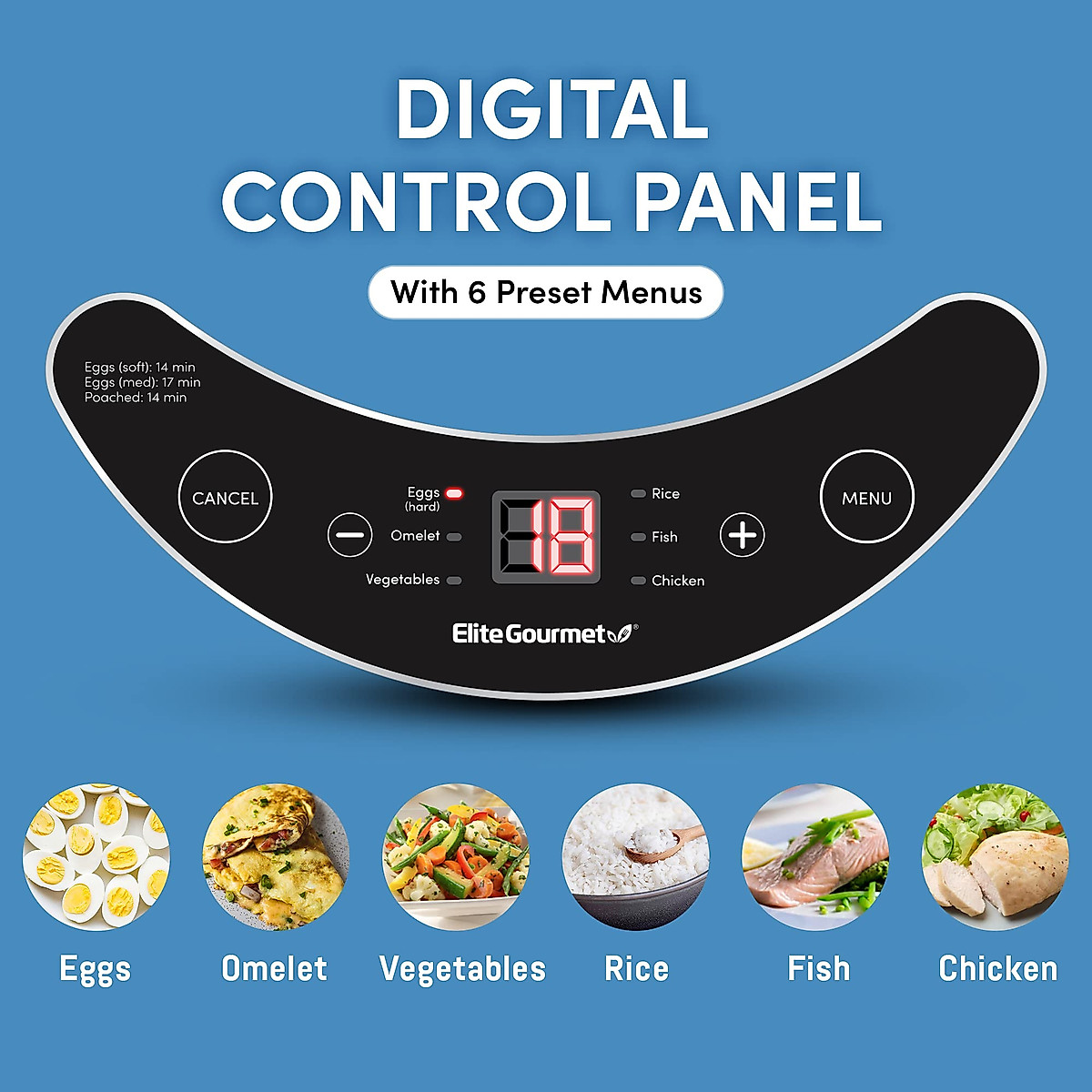 Elite Gourmet EGC314CB Digital Easy Egg Cooker Food Steamer, Poacher, Omelet, Soft, Medium, Hard-Boiled Egg with 6 Programmed Preset Functions, 2-Tiers, Measuring Cup, BPA Free, 14 egg capacity, Black