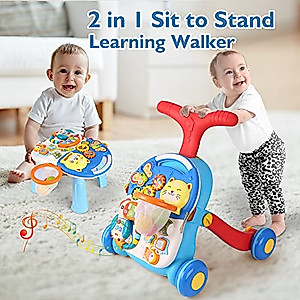 Eners Sit to Stand Baby Learning Walker with Wheels, Baby Activity Walker, 2 in 1 Baby Push Walkers and Activity Center, Musical Walking Toys, Walker for Baby Boy Girl (Blue)
