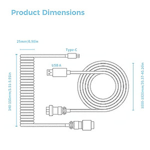 POWSURGE Keyboard Cable, 1.5m/59in Type-C to USB Detachable Coiled Cable with Metal Aviation Connector, Double-Sleeved Anti-Twist Data Cable for Mechanical Gaming Keyboards, White (White)