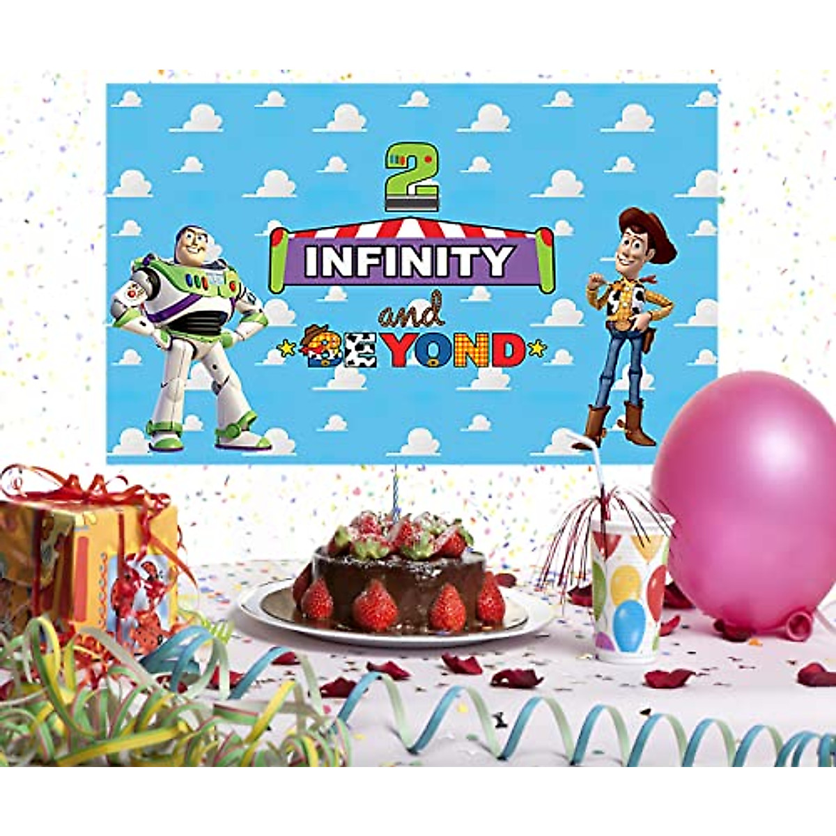 Two Infinity and Beyond Backdrop for 2nd Birthday Party Supplies 5x3ft Toy Story Photo Backgrounds Two Infinity and Beyond Theme Baby Shower Banner for Birthday Cake Table Decoration