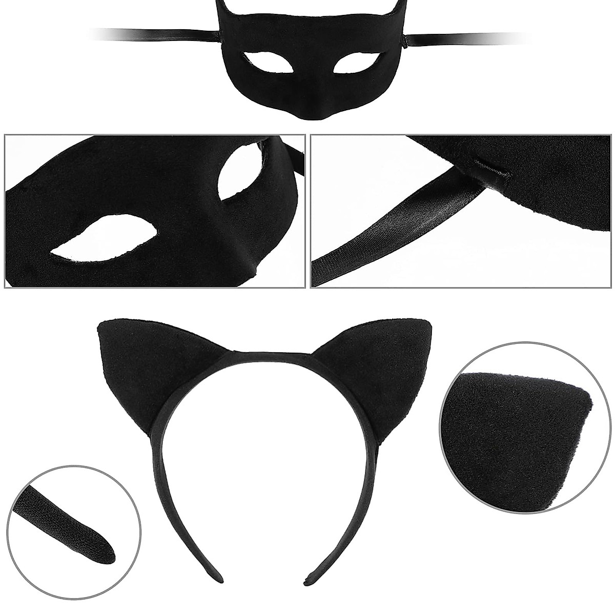 Halloween Black Cat Costume Set for Women, Cat Ear Headband Tail with Black Cat Mask Masquerade Halloween Cat Costume Accessory