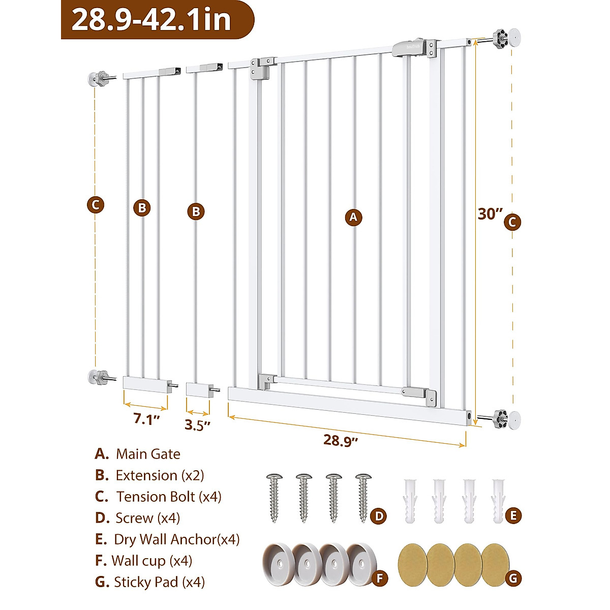 InnoTruth Extra Tall Baby Gate for Stairs and Doorways, 29" to 39.6" Width with 36" Height,Dog Gate for The House with Wall Pressure Mounted Frame, Auto Close Pet Gates for Toddler,Milk White