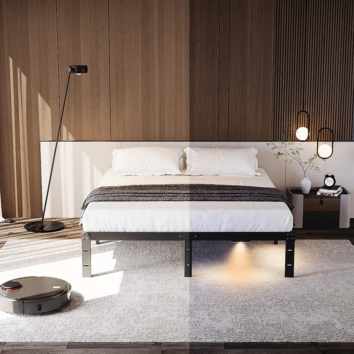 qimamo 7-Inch Low Bed Frame Full with LED Night Light, Metal Platform Full Size Bed Frame,No Box Spring Needed, Easy Assembly, Heavy Duty, Noise-Free, Black