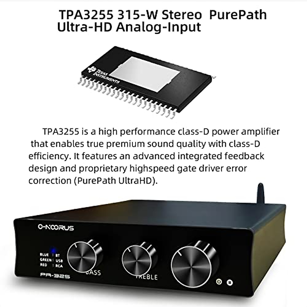O-NOORUS PA325 HiFi Class D Power Amplifier TPA3255 Stereo Audio Integrated Bluetooth Amp 2.1 for Passive Speaker Home Audio with 36V Power Supply Subwoofer Treble and Bass Max 300Wx2