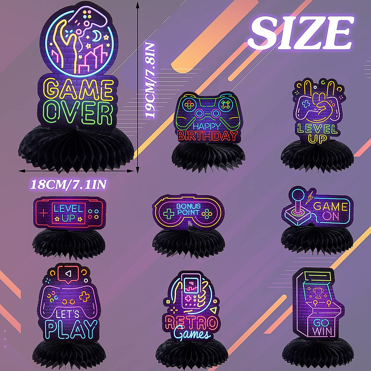 9 Pcs Neon Video Game Party Decorations Supplies Neon Video Game Honeycomb Table Centerpieces Cutouts for Video Game Birthday Baby Shower Theme Party Supplies