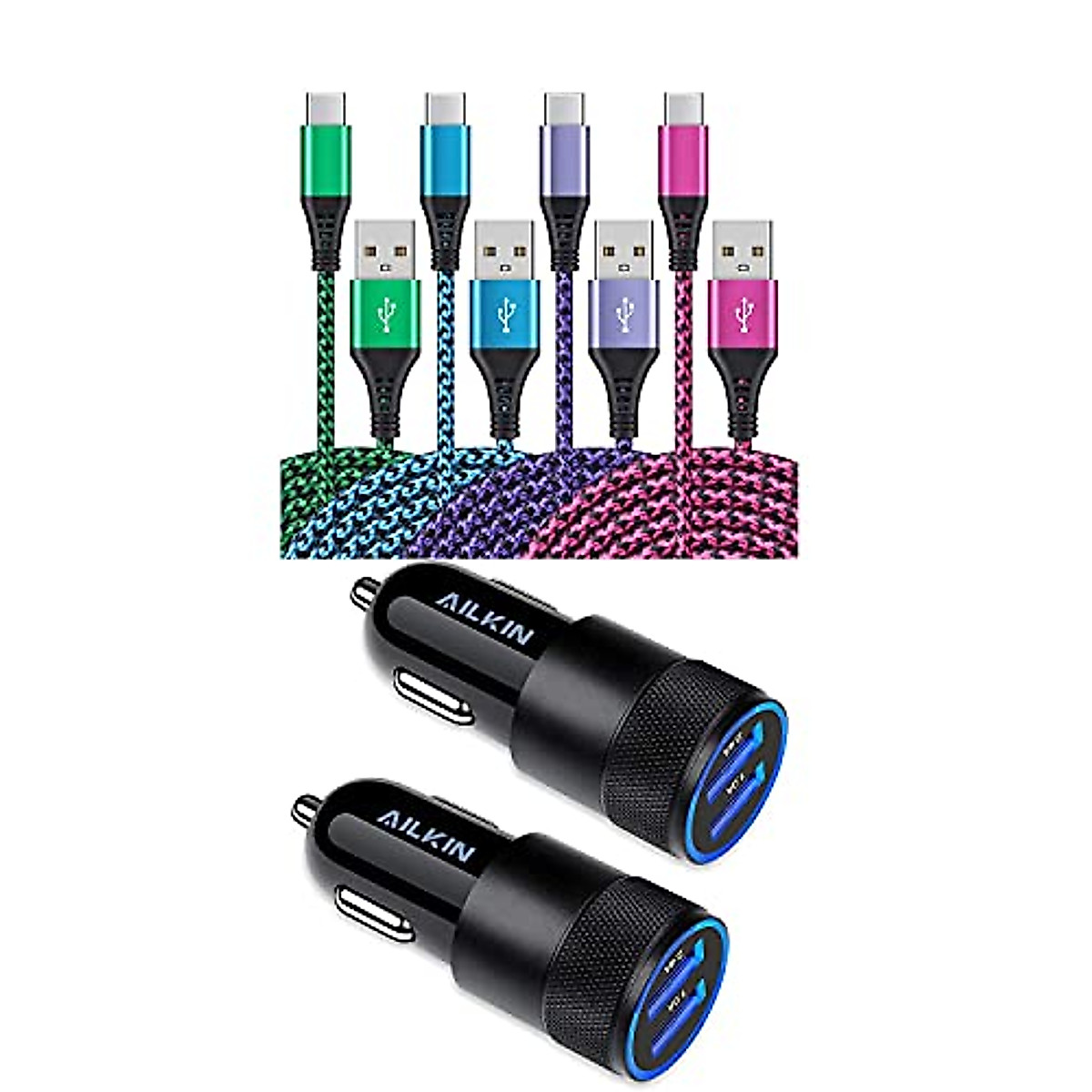 Car Charger, [2Pack] 3.4a Fast Charge Dual Port USB Adapter&[4Pack/6FT] USB Type C to USB A Cable