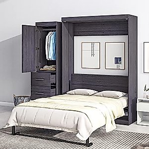 Hlcodca Versatile Full Size Murphy Bed with Wardrobe and 3 Drawers,Wood Storage Bed can be Folded into a Cabinet,for Small Spaces Apartments Studio Guest Room Use (Gray#G)