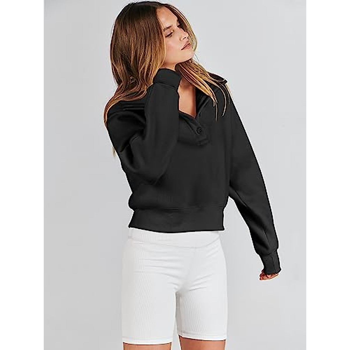 Prinbara Hoodie for Women Pullover Long Sleeve Sweatshirt Button down V Neck Teen Girls Fall Trendy Y2k Clothes Oversized Sweater 2023 1PA139-heise-M Black