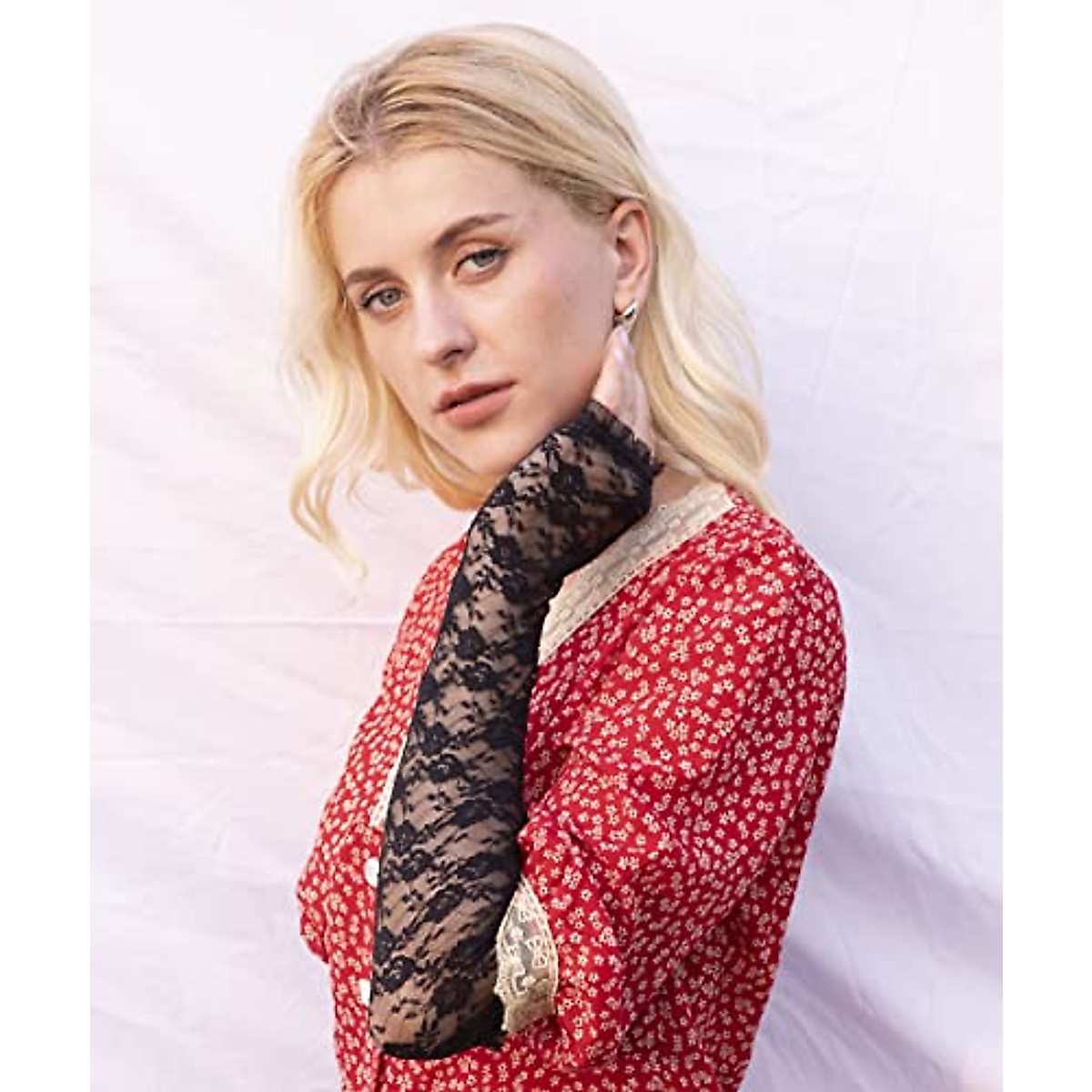 Simplicity Evening Party Wedding Fingerless Elbow Flowers Lace Gloves, Black Floral_Fingerless