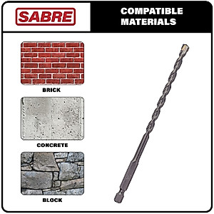Sabre Tools 3/16 Inch x 6 Inch Masonry Drill Bit, Carbide Tipped 10-Pack for Concrete, Brick, Stone, 1/4” Hex Shank, Impact Performance (3/16” x 6”, 10)