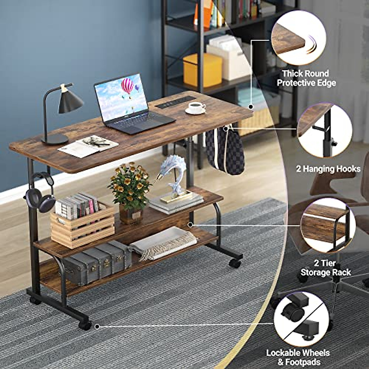 Height Adjustable Standing Desk with Power Outlets, 39" Manual Stand Up Desk with Storage Shelves Small Mobile Rolling Computer Desk Portable Laptop Table with Wheels for Home Office, Rustic